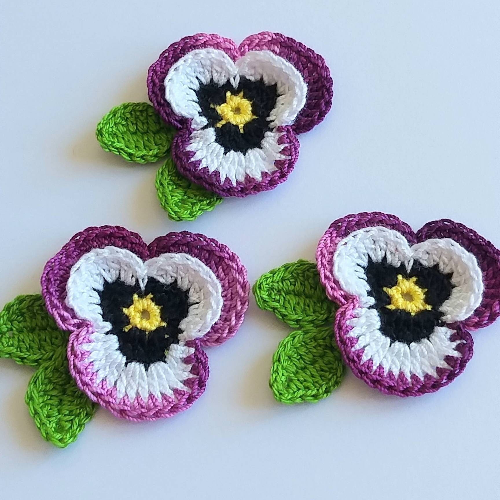 Crochet Applique, Crochet Flowers, 3 Crochet Violets , Cardmaking ...