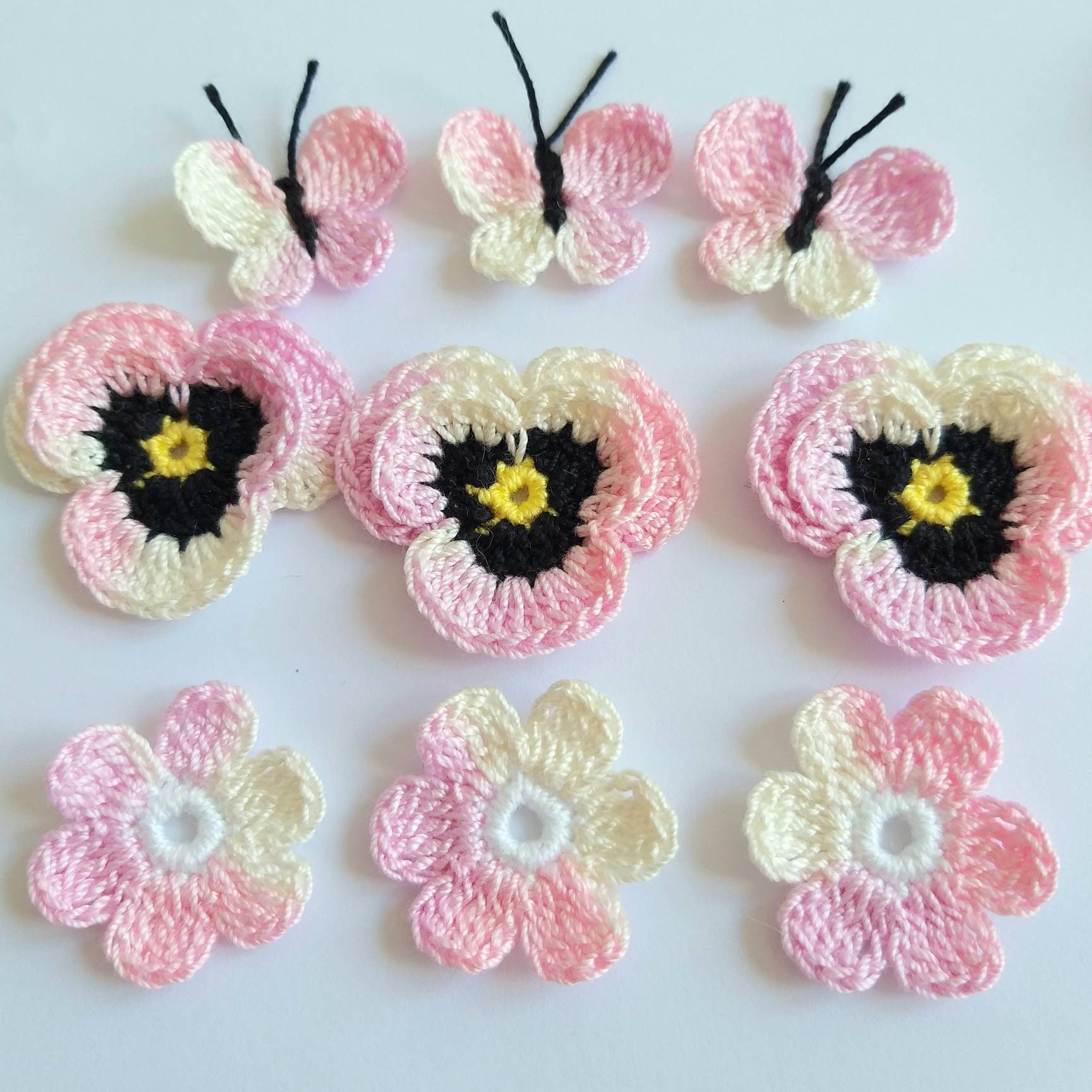 Applique Set , Hand Crochet Violets , Flowers and Butterflies ...