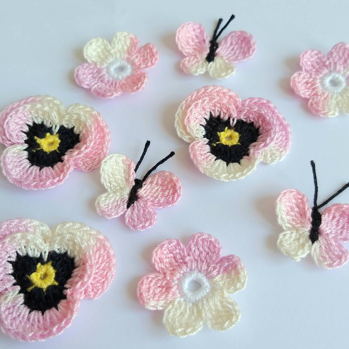 Applique Set , Hand Crochet Violets , Flowers and Butterflies ...