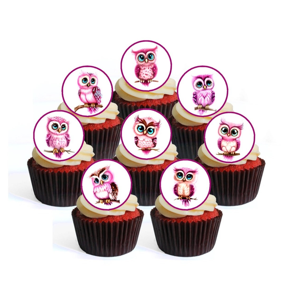 24 Pink Owls Edible Cupcake Toppers PRECUT Optional Cute Owls Theme ...