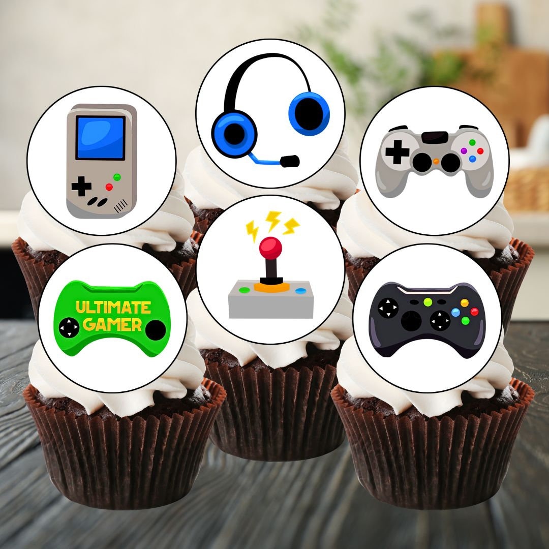 Gamer Theme Edible Cupcake Toppers Round - Gaming Controller Cake ...