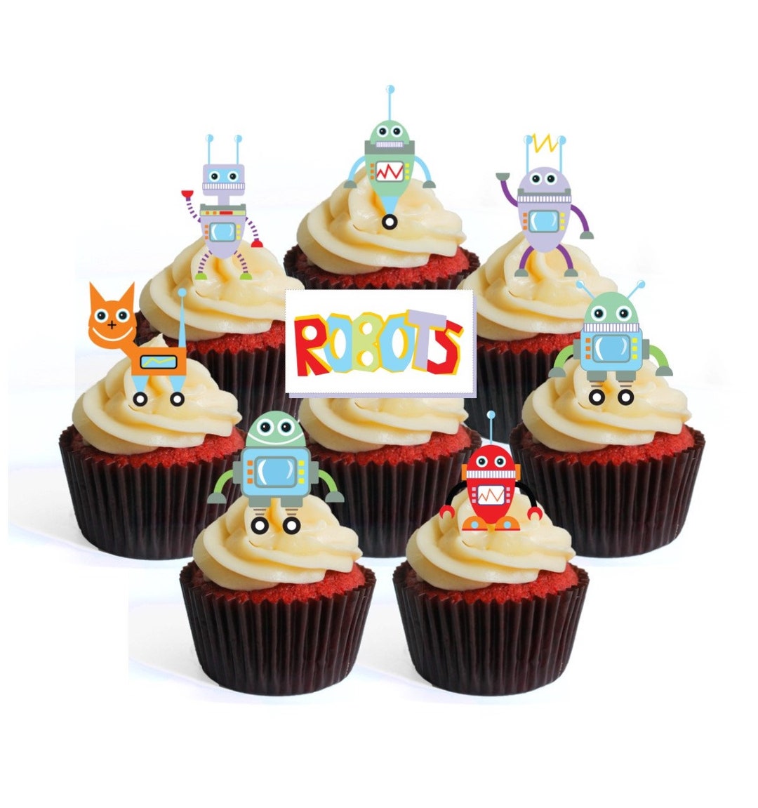Edible Robots Cupcake Toppers PRECUT Optional Robot Theme Premium ...