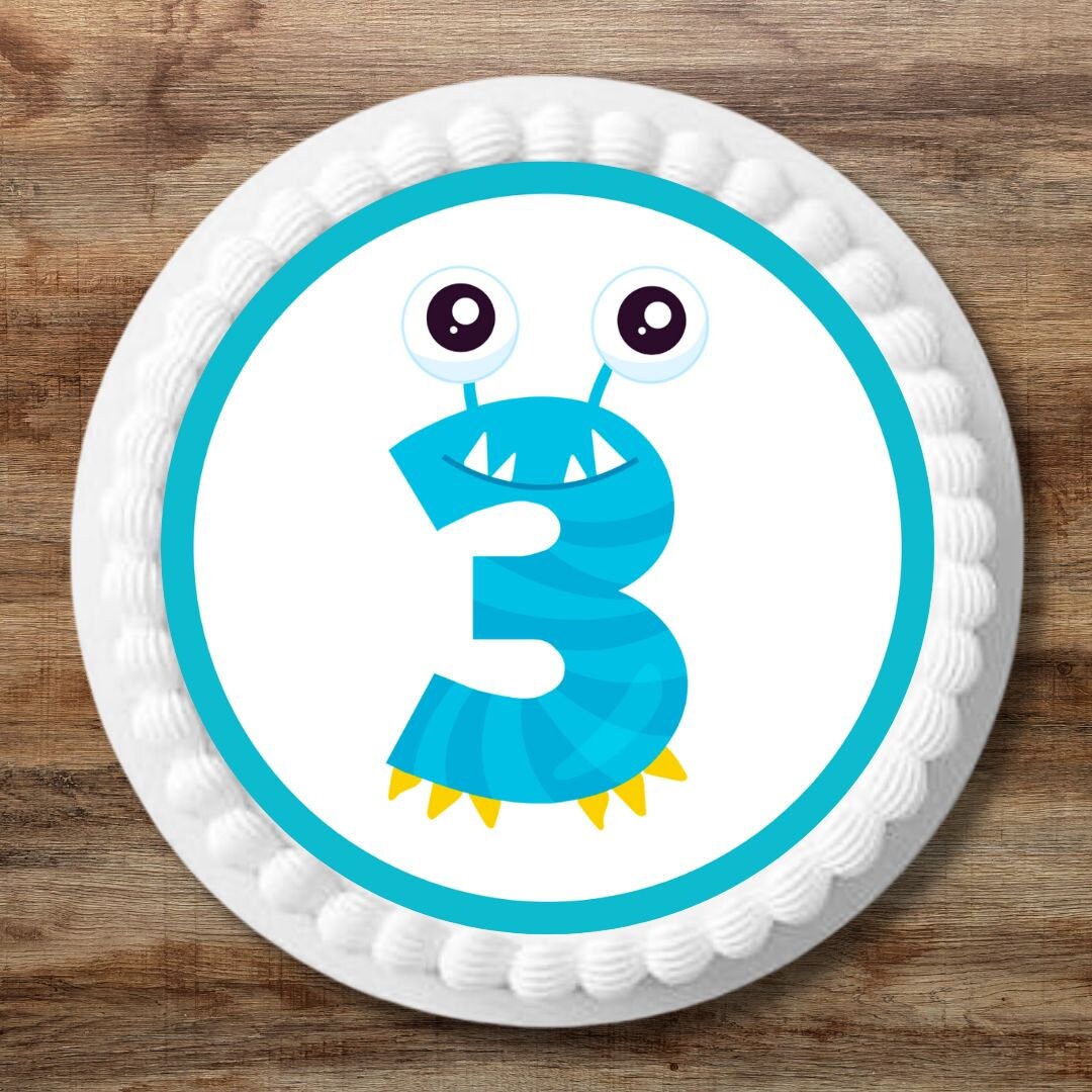 PRECUT 3rd Birthday Edible Cake Topper - 7 Inch Number 3 Monster Cake ...