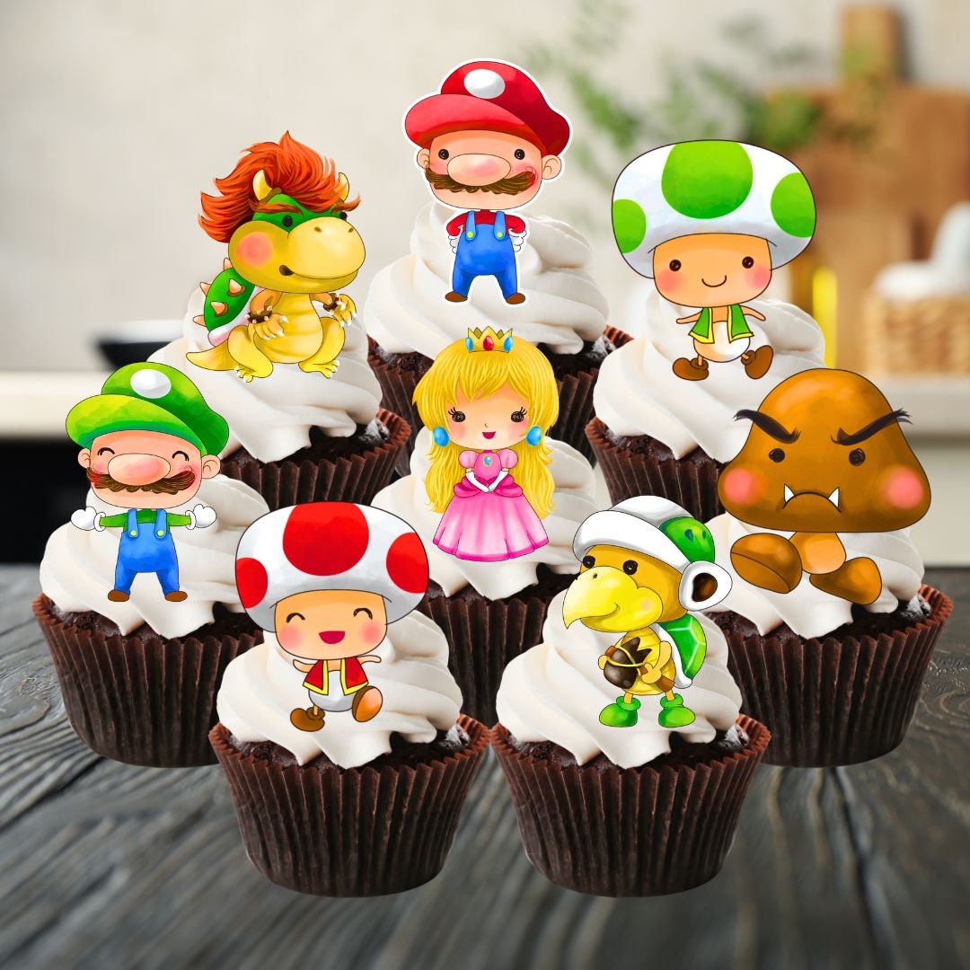 Mario Edible Cupcake Toppers - Gaming Theme Cookie + Cake Decorations ...