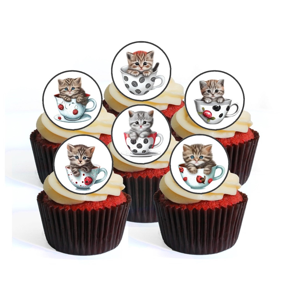 24 Cute Cats Edible Cupcake Toppers PRECUT Optional Cute Kittens Theme ...