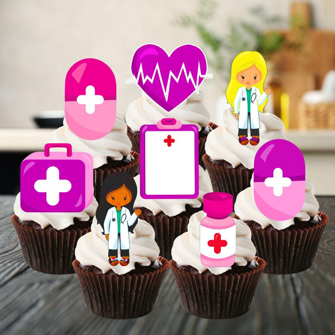 Pink Hospital Theme Edible Cupcake Toppers - Nurse + Doctor Cookie ...
