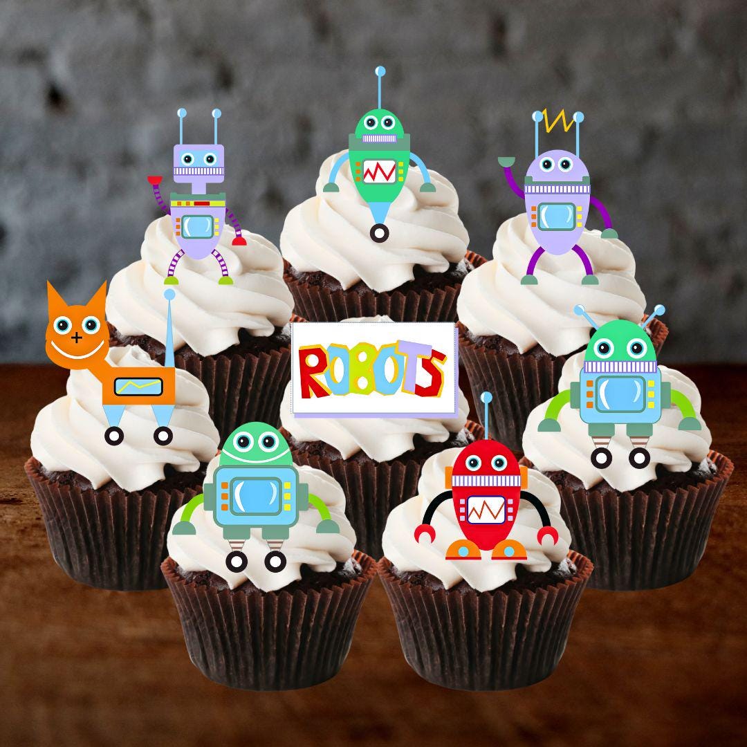 Robots Edible Cupcake Toppers - Robot Theme Cake Decorations - Etsy