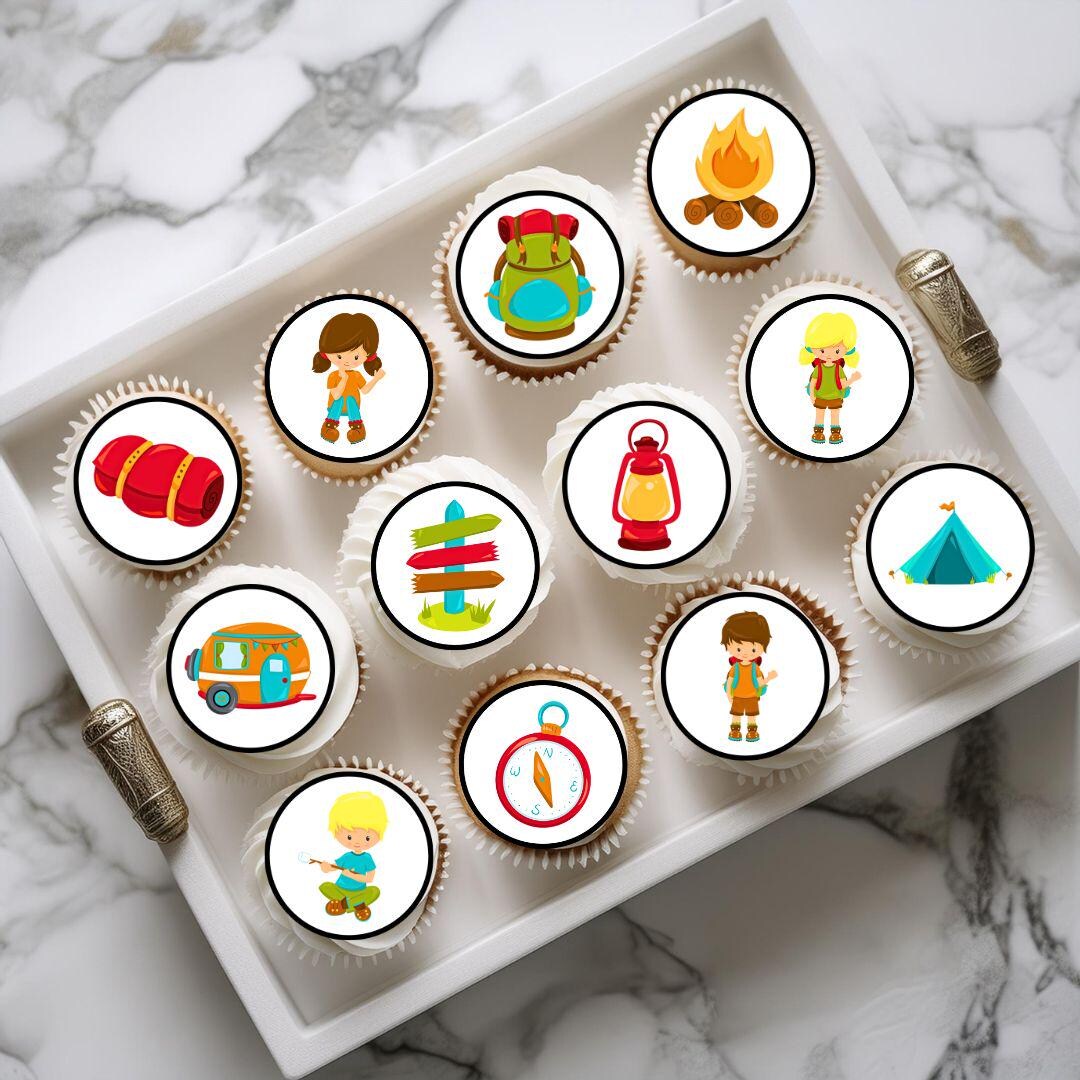Camping Edible Cupcake Toppers - Hiking Theme Cookie + Cake Decorations ...