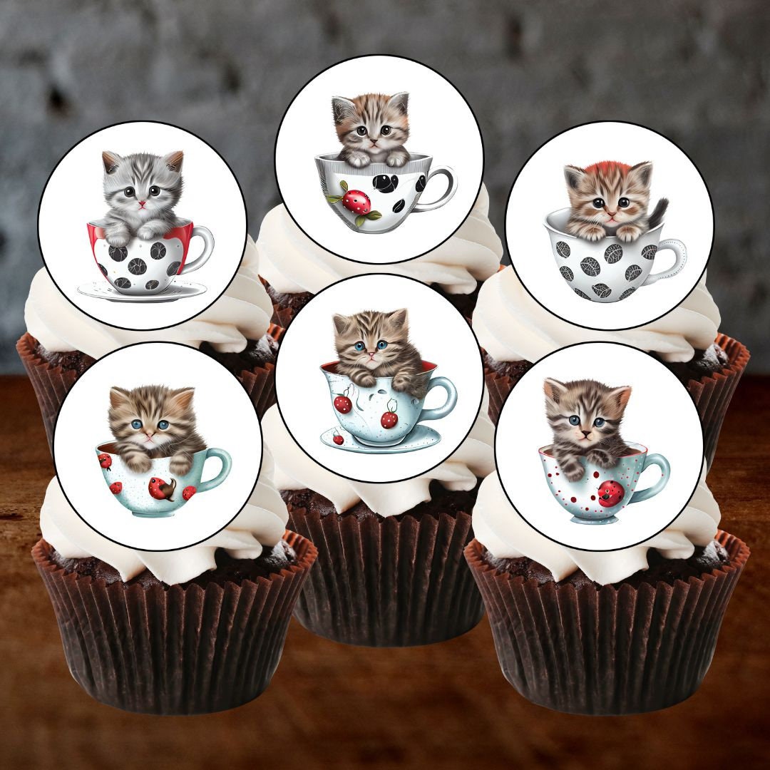 Cute Cats Edible Cupcake Toppers - Kittens in Teacups Cake Decorations ...