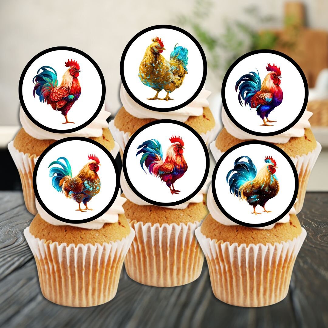 Chickens Edible Cupcake Toppers - Cockerel + Farm Theme Cake ...