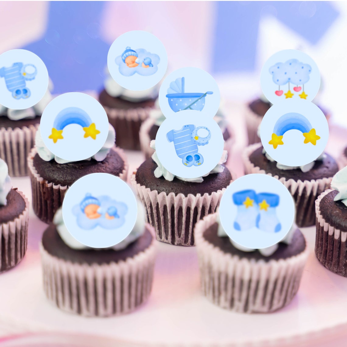 Blue Baby Shower Edible Cupcake Toppers - New Baby Boy Cake Decorations ...