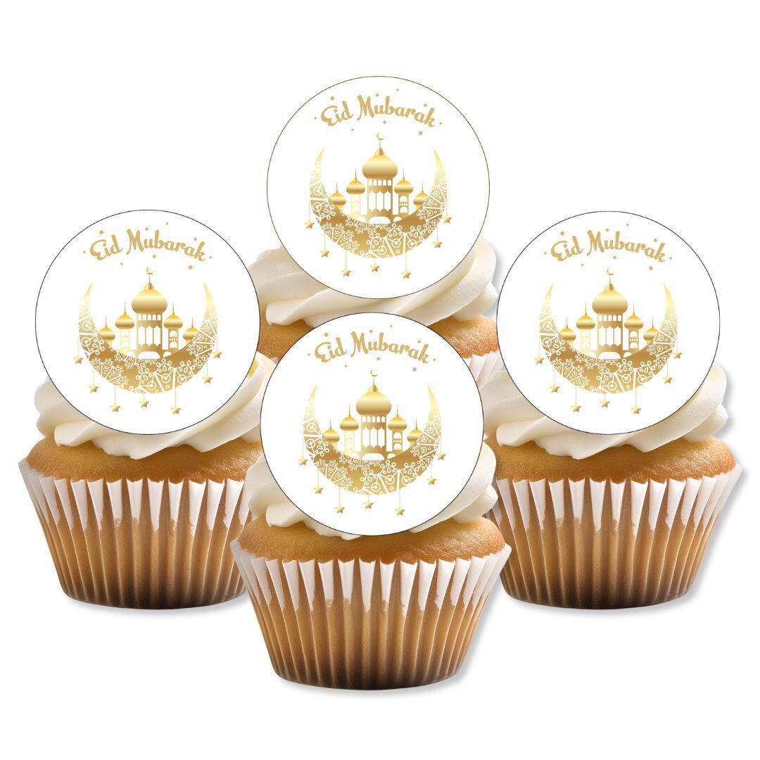 Gold Eid Mubarak Edible Cupcake Toppers Islamic Mosque Wafer Cake ...