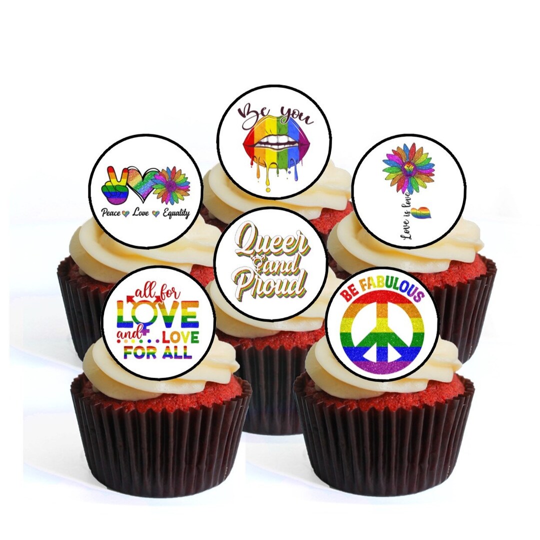 24 LGBTQ Edible Cupcake Toppers PRECUT Optional Pride Theme Wafer Card ...