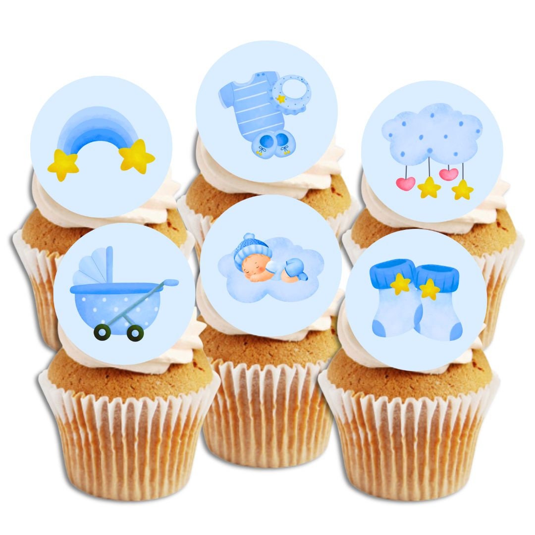 Blue Baby Shower Edible Cupcake Toppers - New Baby Boy Cake Decorations ...