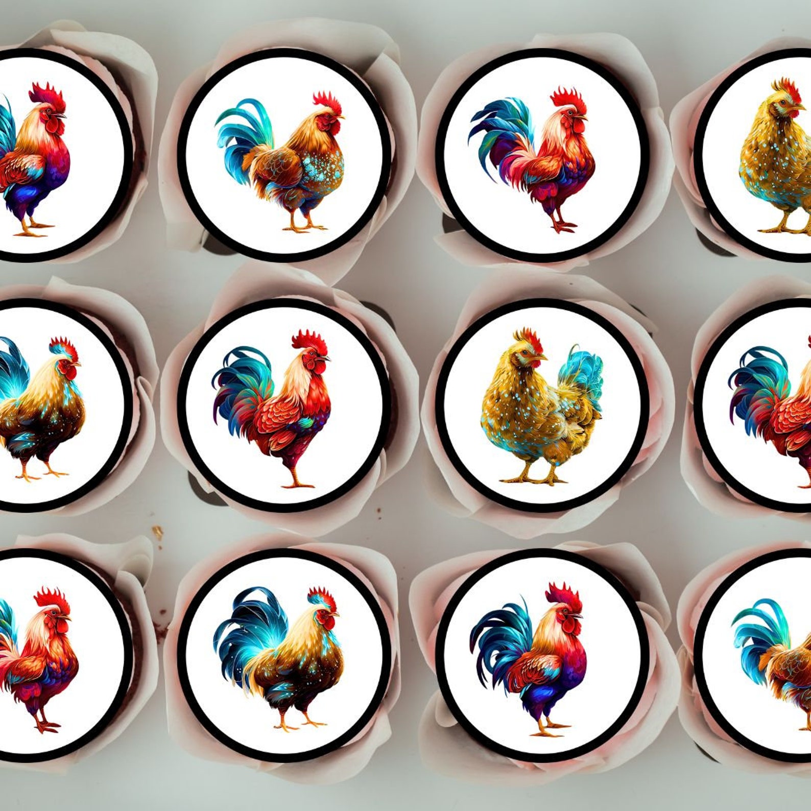 Chickens Edible Cupcake Toppers - Cockerel + Farm Theme Cake ...