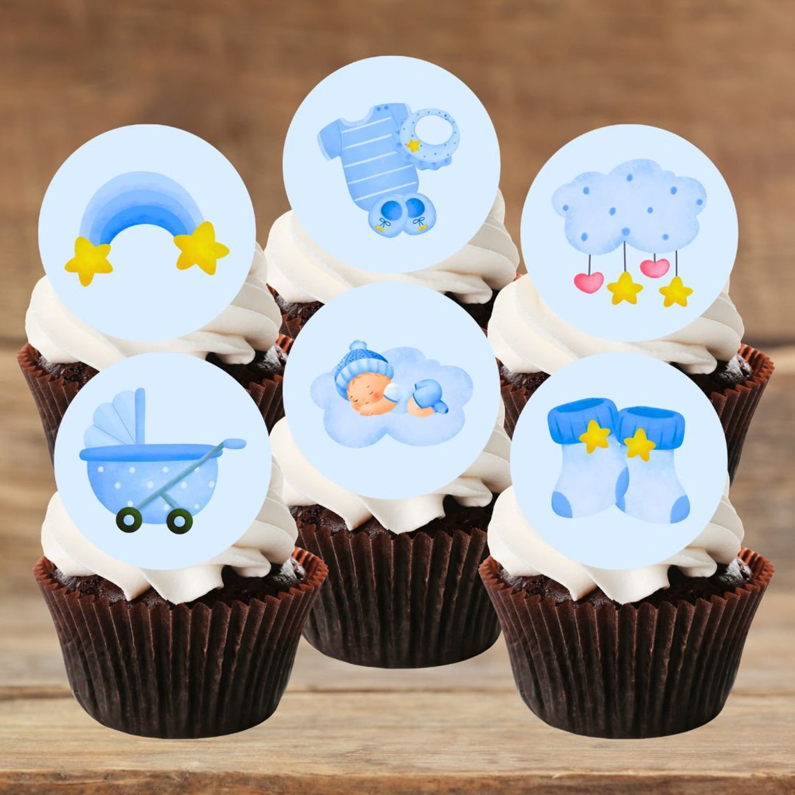 Blue Baby Shower Edible Cupcake Toppers - New Baby Boy Cake Decorations ...