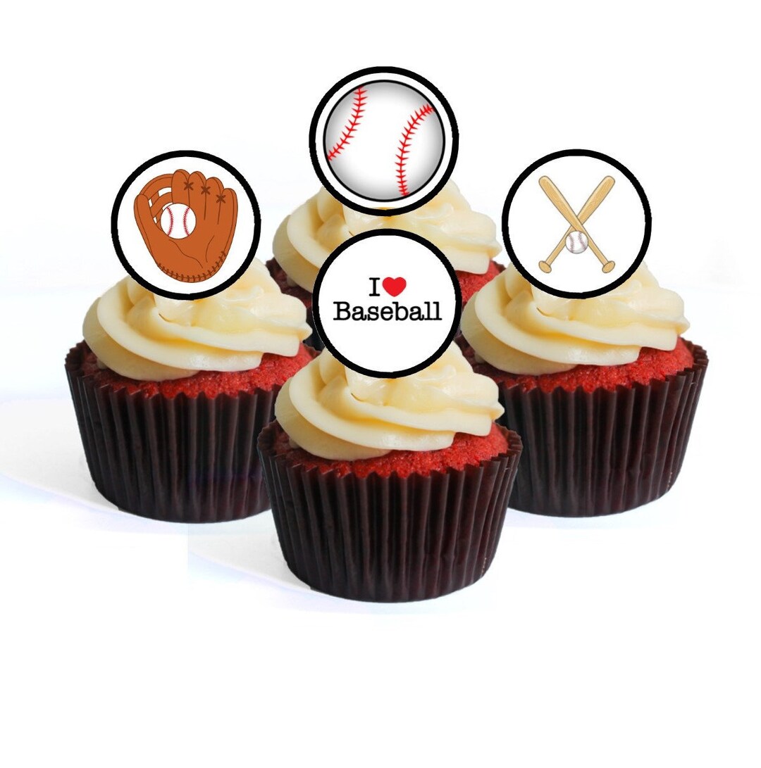 24 Baseball Theme Edible Cupcake Toppers PRECUT Optional Wafer Card ...