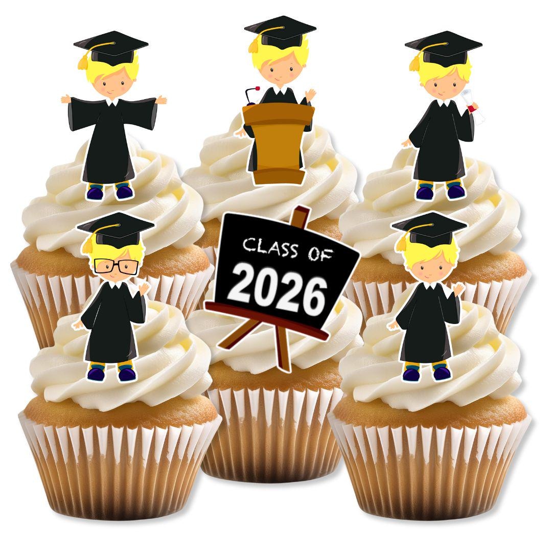 Graduation Edible Cupcake Toppers - Blond Boy Grad Cake Decorations #2 ...