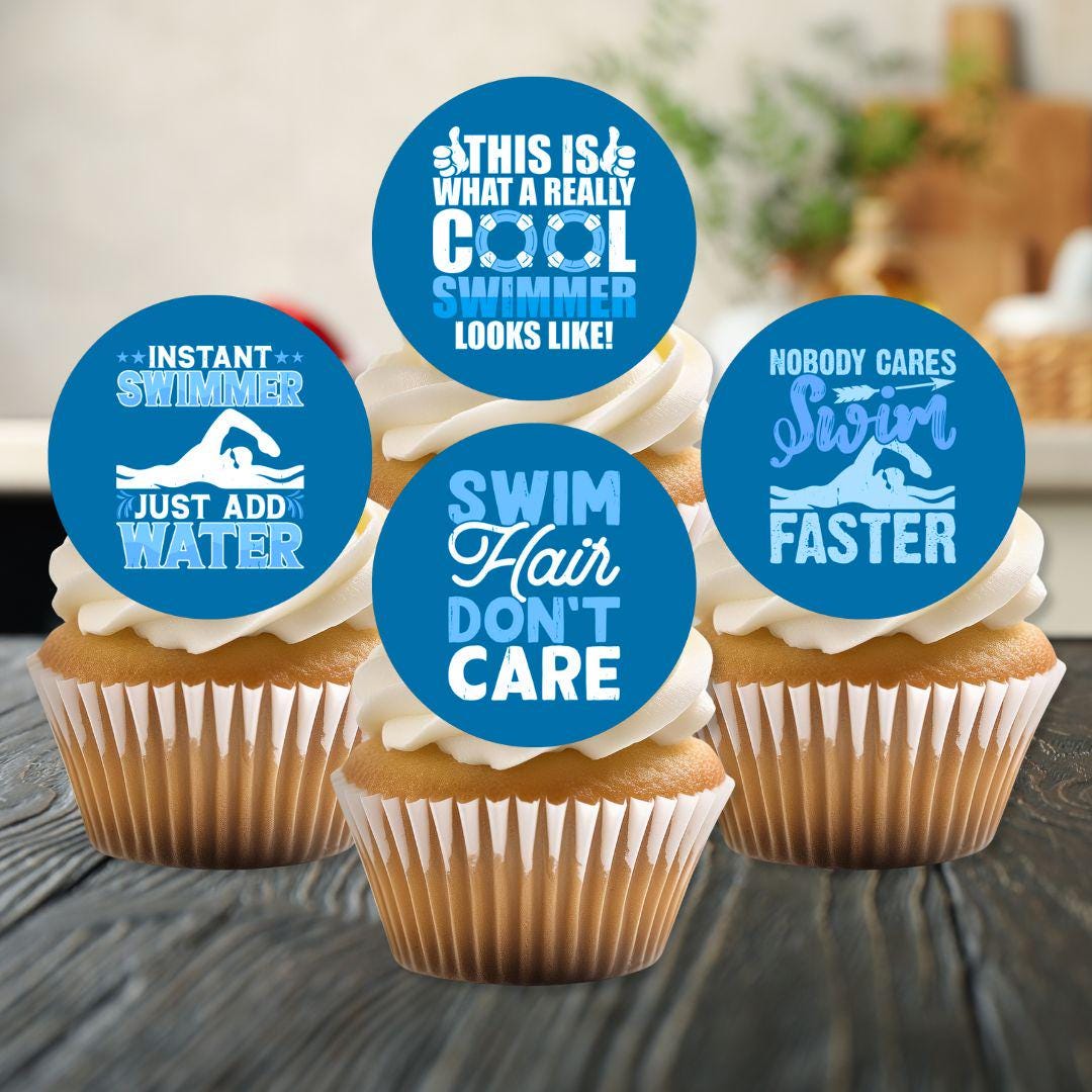 Swimming Edible Cupcake Toppers - Swim Theme Cake + Cookie Decorations ...
