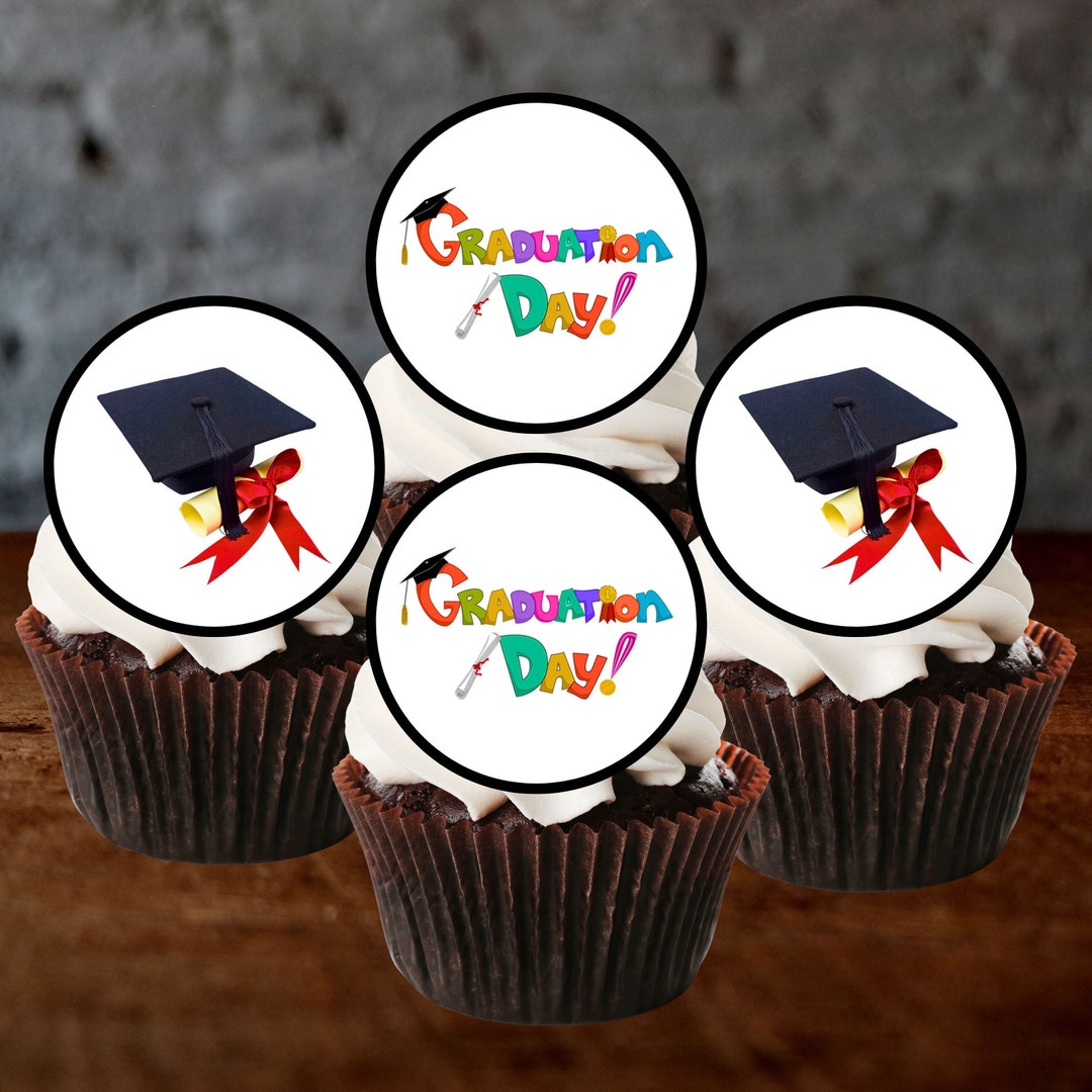 24 Graduation Edible Cupcake Toppers PRECUT Option Graduating Theme ...