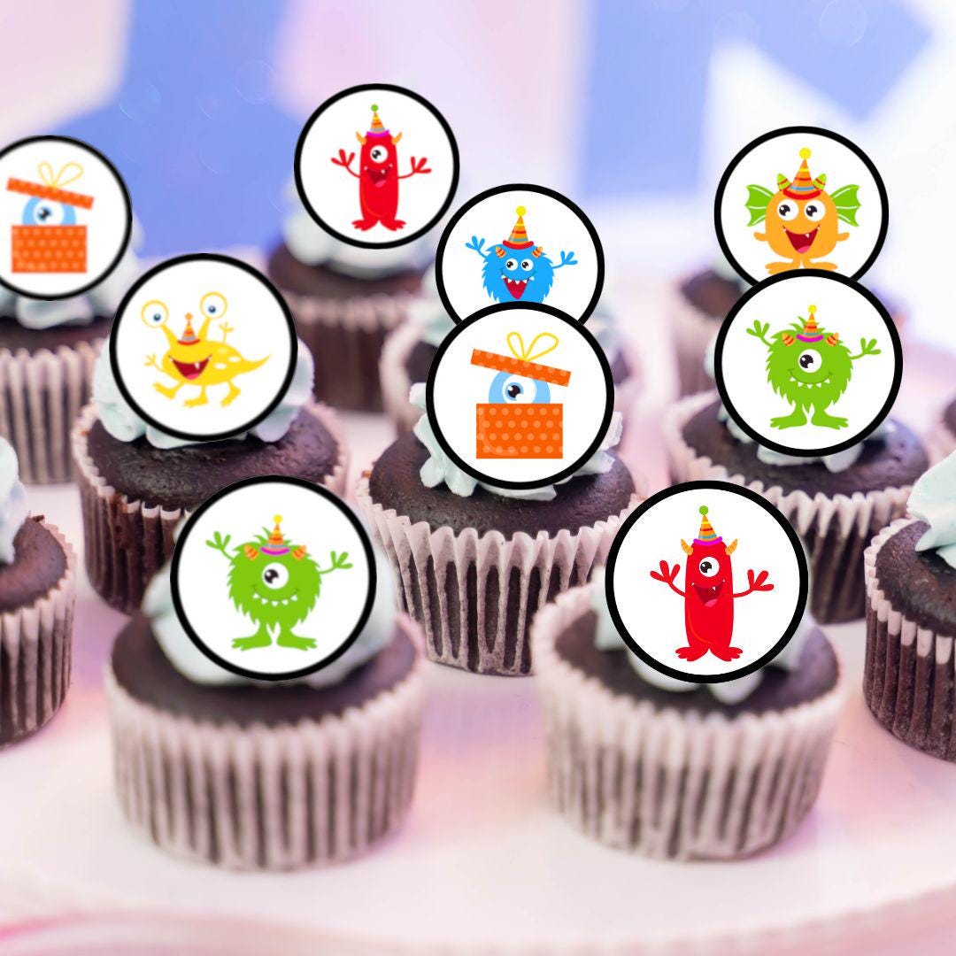 Monsters Party Edible Cupcake Toppers - Monster Theme Cookie + Cake ...