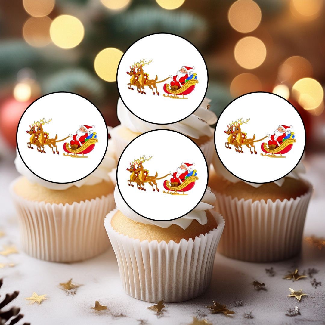 Santa & Sleigh Edible Cupcake Toppers - Wafer Card Christmas Cake ...