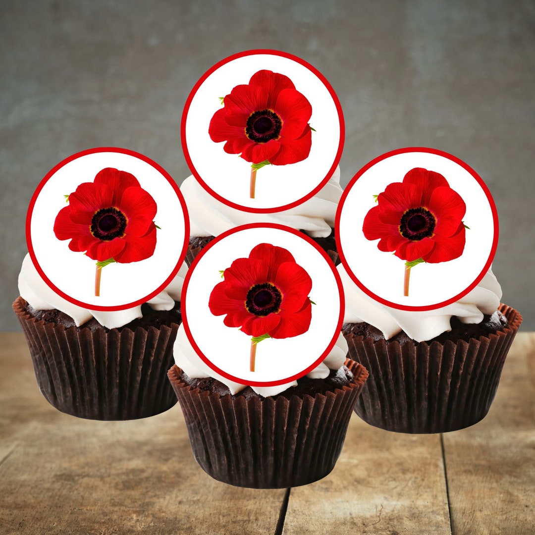 24 Poppy Edible Cupcake Toppers PRECUT Optional Poppy Flower Theme ...