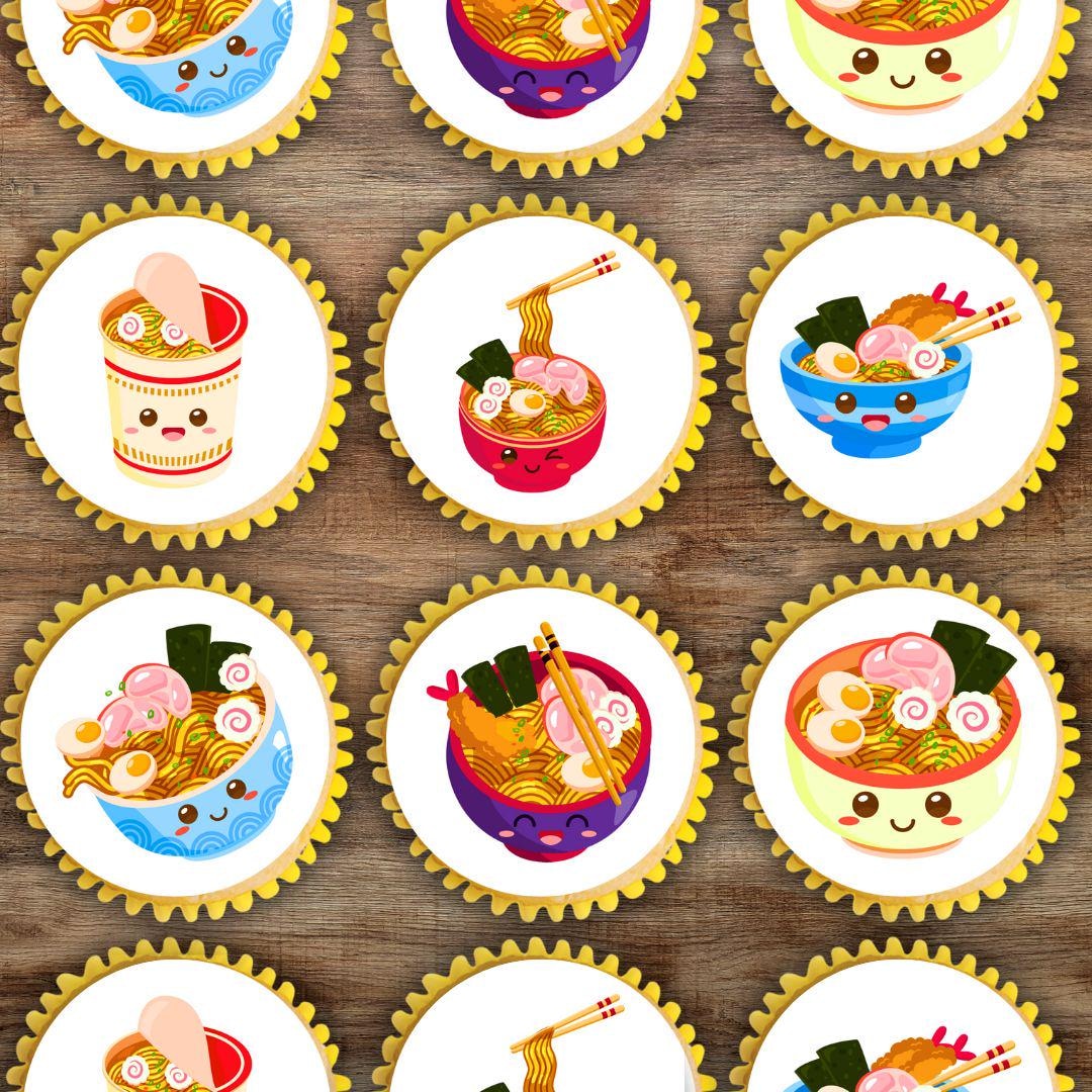 Kawaii Ramen Edible Cupcake Toppers - Cute Noodles Theme Cookie + Cake ...