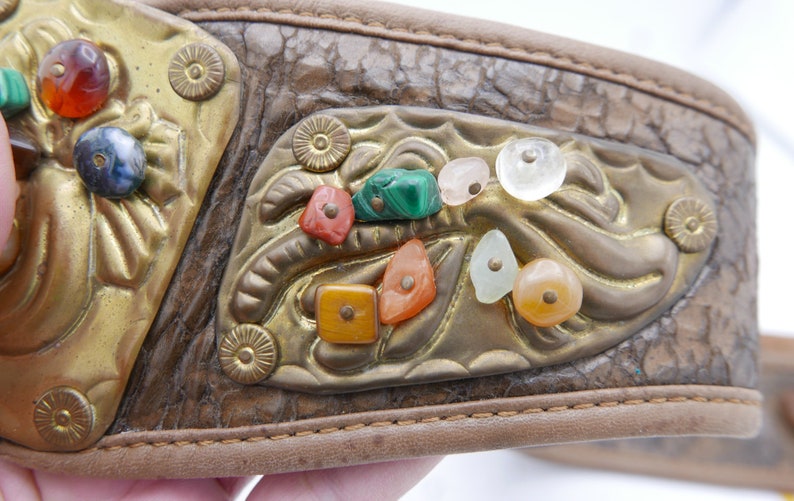 Vintage Artist Signed Handmade Leather Repousse Gemstone Belt Wearable ...