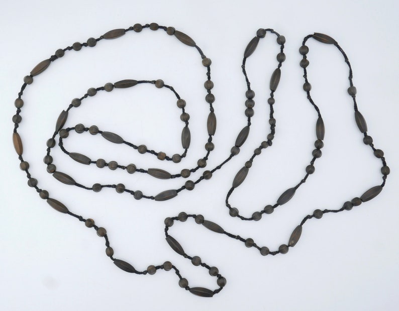 LONG Antique Victorian Vulcanite Bog Oak Beaded Chain Necklace Mourning ...