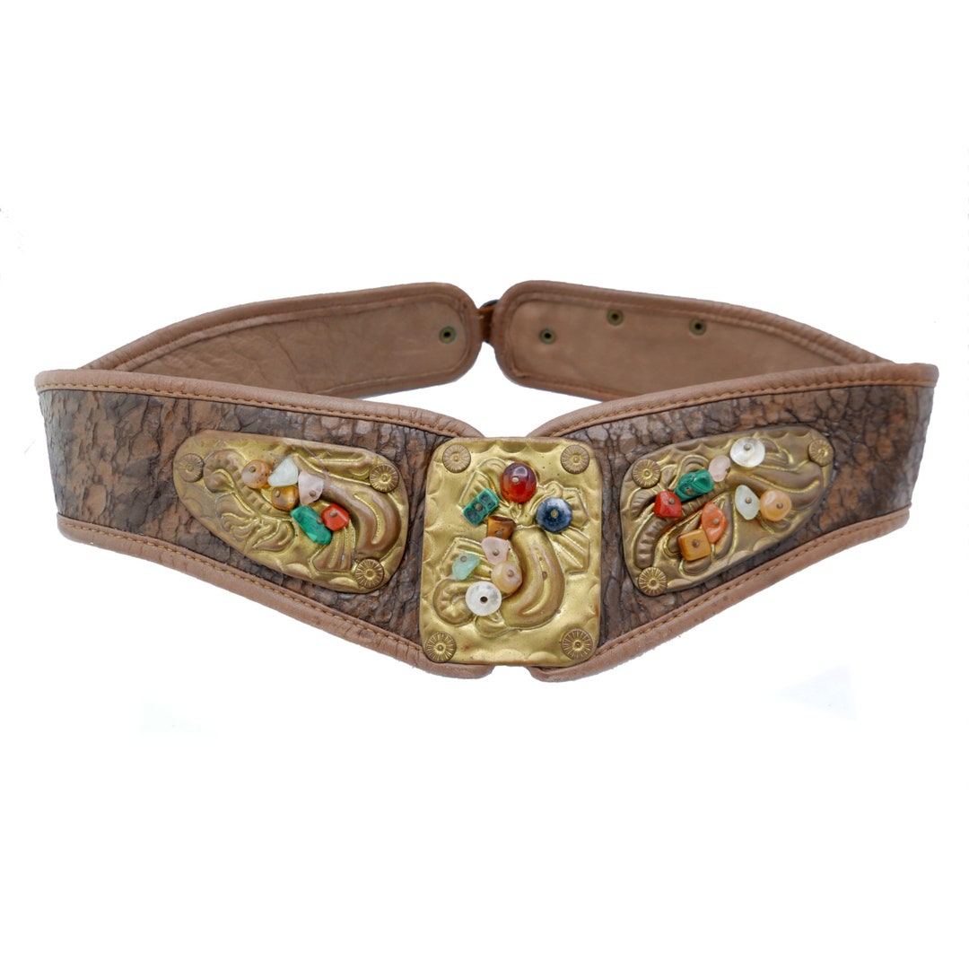 Vintage Artist Signed Handmade Leather Repousse Gemstone Belt Wearable ...