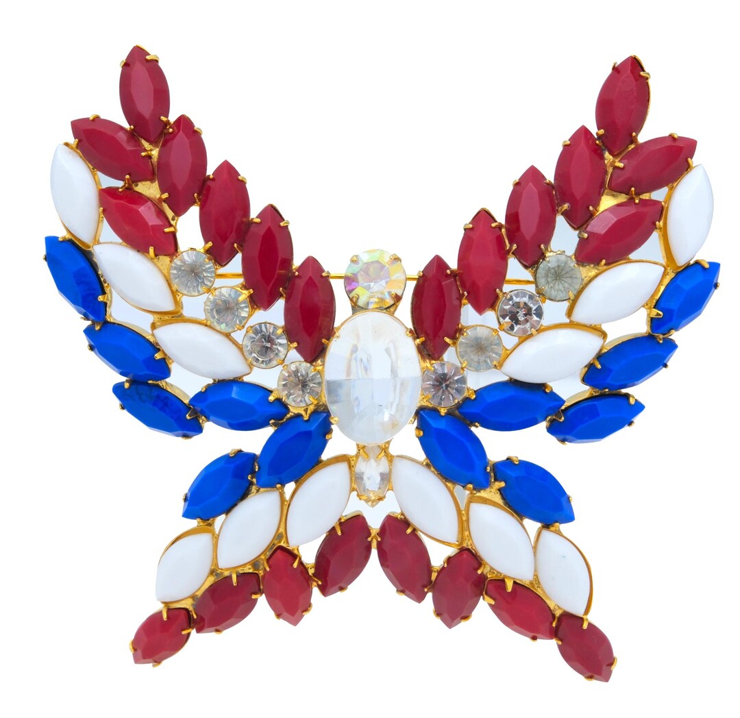 Huge Kenneth Jay Lane KJL Butterfly Brooch Rhinestone Red White Blue ...