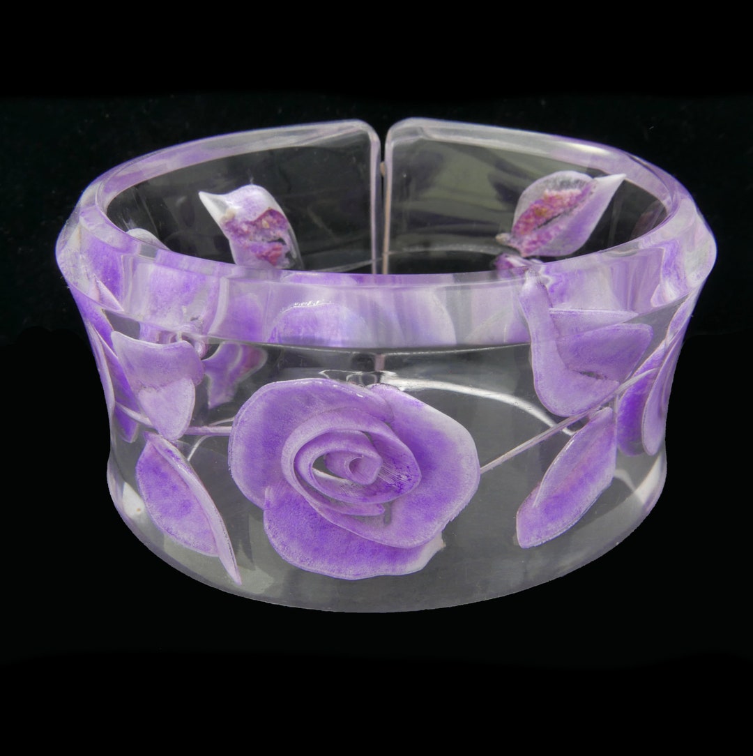Wide 1980s Jose Corel Purple Flowers Back Carved Lucite Bangle Bracelet ...