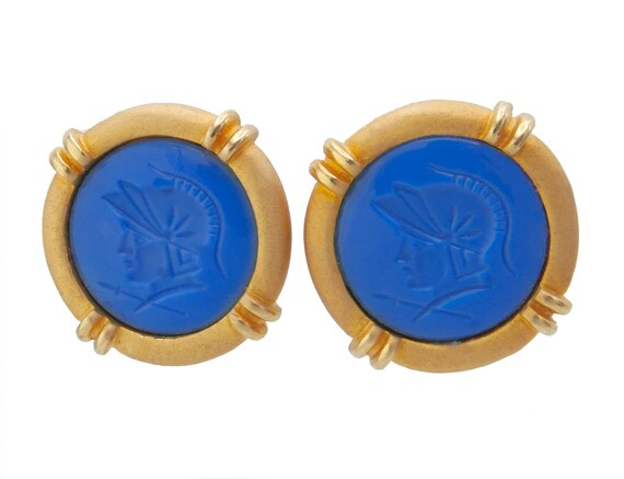 Huge Vintage 1980s Blue Roman Intaglio Goldstone Earr… - Gem