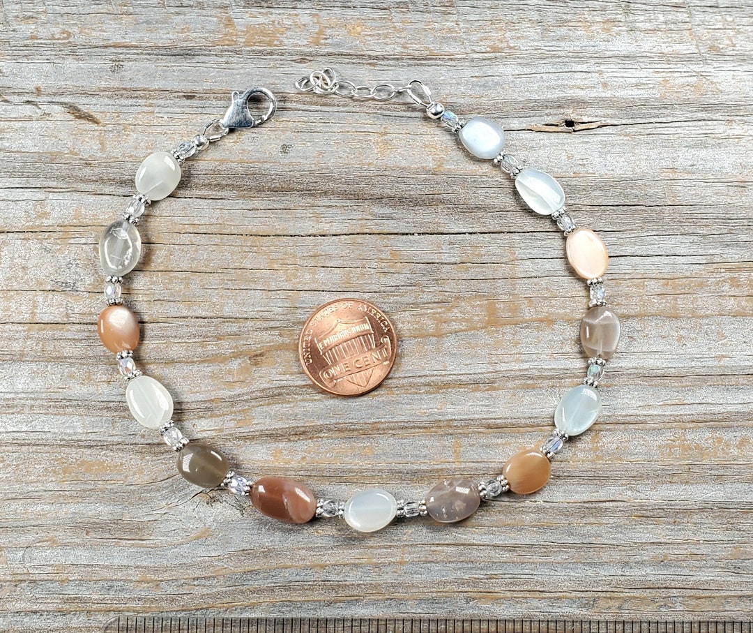 Multi-colored Moonstone Adjustable Anklet, White Grey and Peach ...
