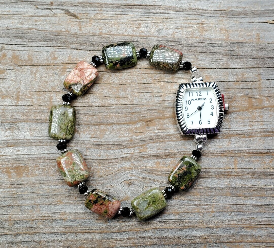 Unakite Gemstone and Onyx Beaded Watch, Very Durable Stretchy Band ...