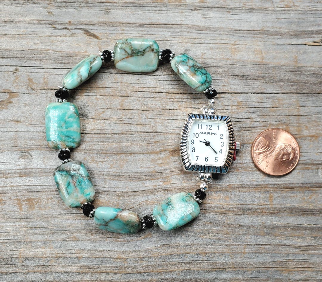 Blue Green African Turquoise Gemstone Watch, Durable Stretchy Band ...