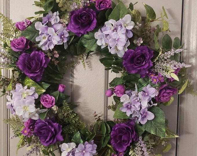 Purple Roses and Purple Hydrangeas Wreath Front Door Wreath Spring and ...