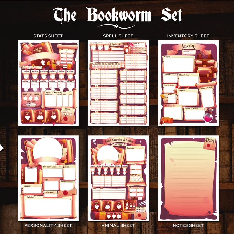 Dnd Character Sheet Pack the Bookworm Set - Etsy