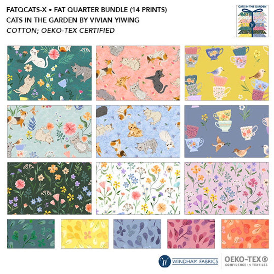 Cats in the Garden - Fat Quarter 14pc/bundle - by Vivian Yiwing for Windham Fabrics - Sold by ...