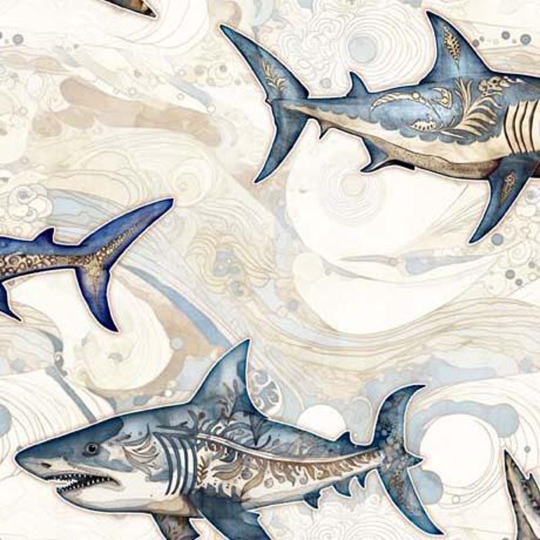 Atlantis - Cream Shark Toss - by Morris Creative Group for QT Fabrics ...