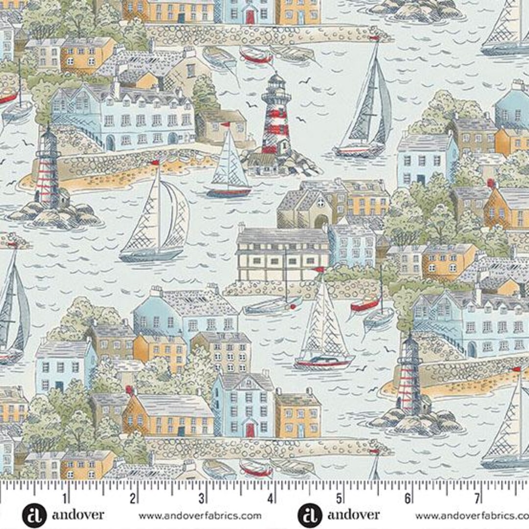 High Tide - Light Blue Harbor View - by Makower UK for Andover Fabrics ...
