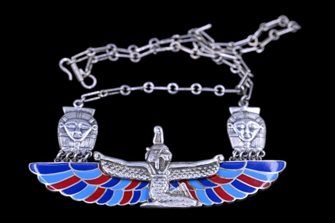 Silver Necklace Featuring the Goddess Maat With Hathor Mask Charms on ...