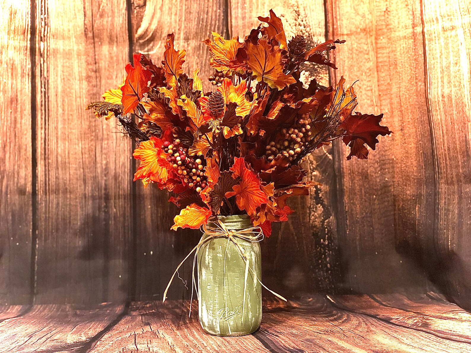 Fall Mason Jar Decor With Artificial Maple Leaves Bush | Fall Vase ...