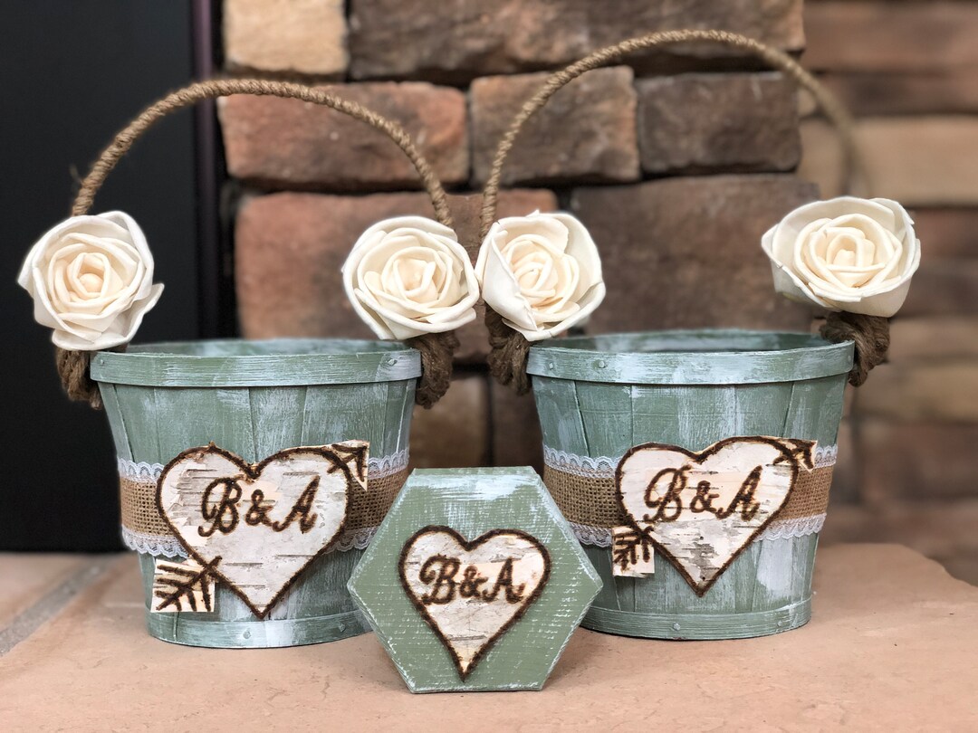 Flower Girl Basket and Ring Bearer Set - Sage Wedding Decor - Matching ...