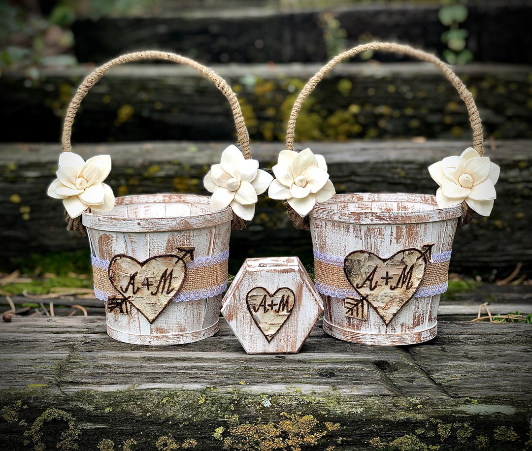 Rustic Wedding Flower Girl Basket Set of Two With Ring Box ...
