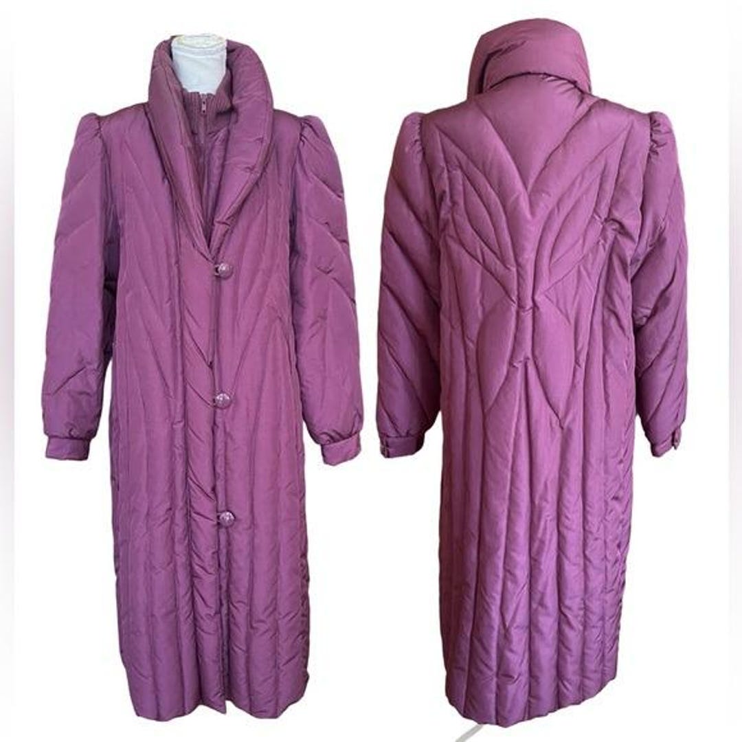 80s Down Quilted Duffle Coat / Vintage 1980s Raspberry Puffy Winter ...