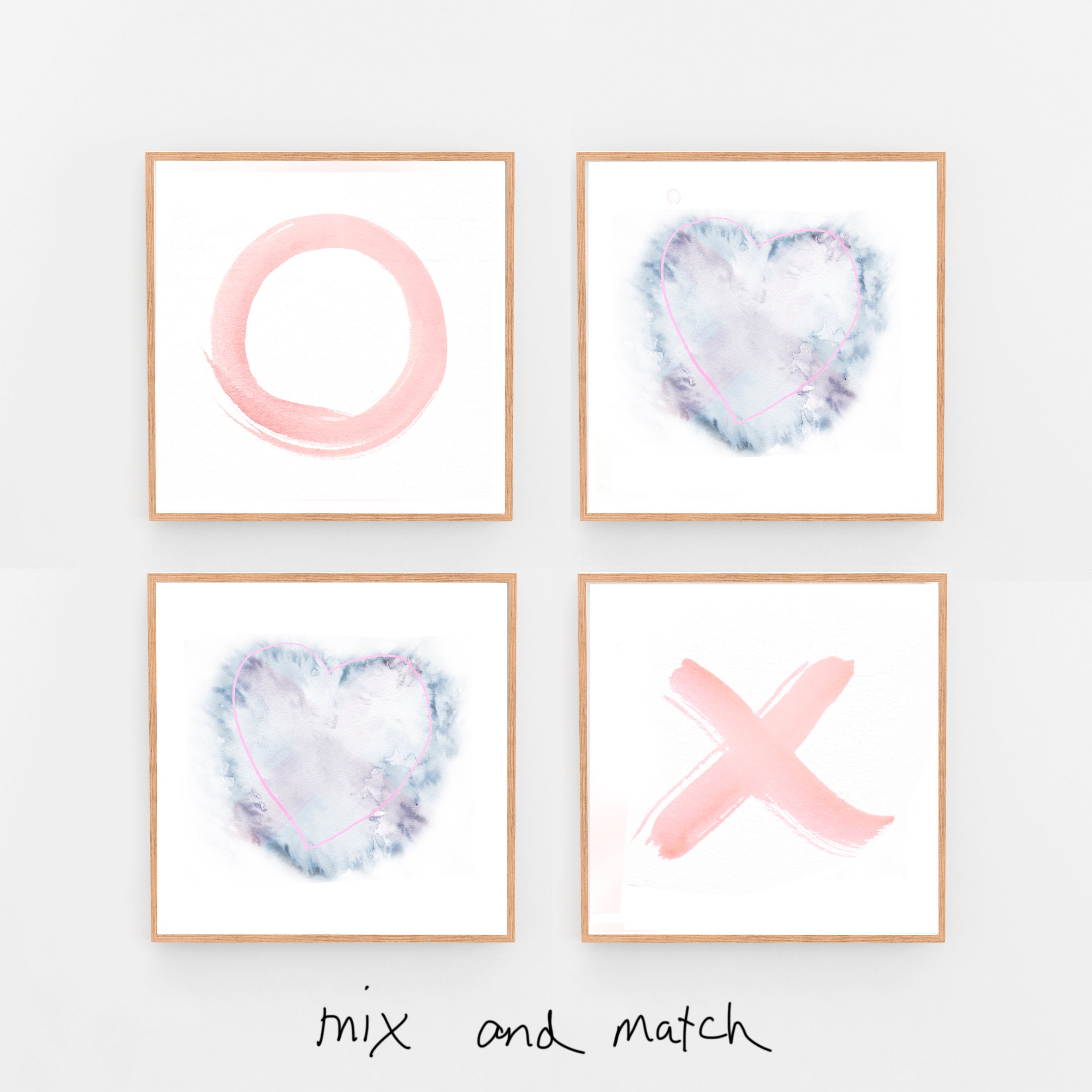 XO Printable Wall Art, Set of Four Square XO Hearts Downloadable, XO ...