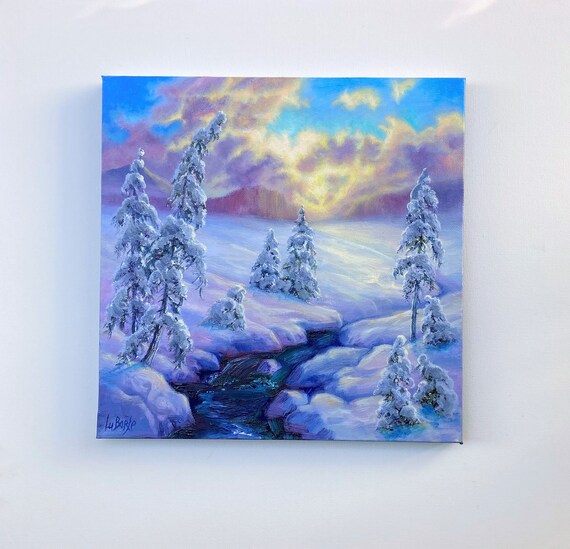 冬の雪の夕日。オリジナル油絵。美術。風景画。冬の絵画 冬の雪の夕日。オリジナル油絵。美術。風景画。冬の絵画