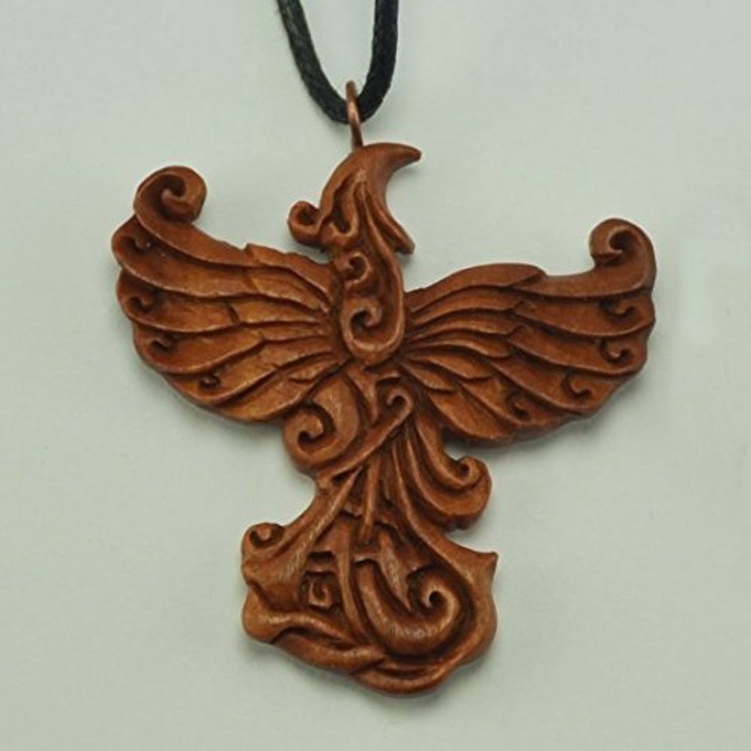 Raising Phoenix Pendant by Crown Republic | Hand Carved Wooden Necklace ...